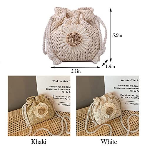 Gogobear Cute Straw Purses for Girls Summer Beach Crossbody Bags Woven Drawstring Handbag(Khaki)