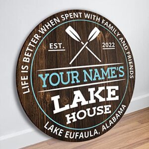 V VIBEPY Personalized Lake House Signs, Life Is Better When Spent With Family And Friends Signs 12x12",18x18" Printed Sign, Welcome Signs, Lake House Signs, Outdoor Sign, Yard Sign, Summer Sign, Housewarming Gift