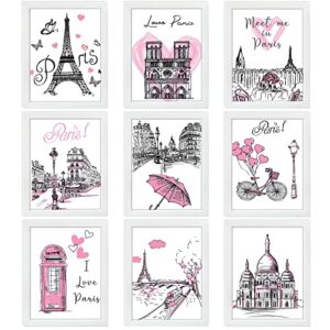 spakon 9 pieces paris bathroom decor for girls paris wall art paris theme room decor romantic paris room decor pink eiffel tower wall art paris bedroom pictures for girl