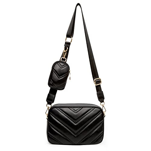 Herald Chevron Quilted Small Crossbody Bag with Coin Purse Pouch Women Square Snapshot Camera Side Shoulder 2 Size Handbag (Black)