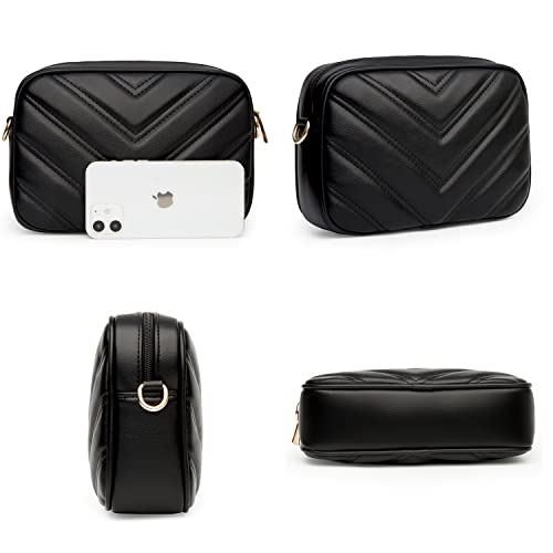 Herald Chevron Quilted Small Crossbody Bag with Coin Purse Pouch Women Square Snapshot Camera Side Shoulder 2 Size Handbag (Black)