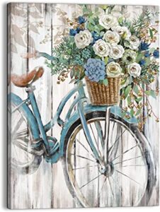 laiart farmhouse bathroom wall decor canvas art blue retro bike picture print flower artwork for bedroom dining living room(11”x15)