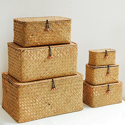 FEILANDUO 6 Pieces Wicker Basket with Lid Seagrass Woven Basket Box Home Shelf Storage Organize Boho Decor