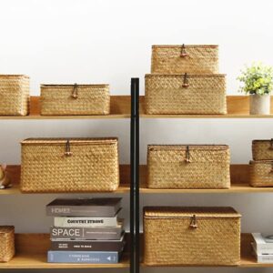 FEILANDUO 6 Pieces Wicker Basket with Lid Seagrass Woven Basket Box Home Shelf Storage Organize Boho Decor