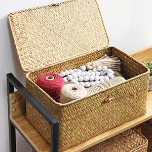 FEILANDUO 6 Pieces Wicker Basket with Lid Seagrass Woven Basket Box Home Shelf Storage Organize Boho Decor