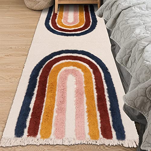 Ailsan Boho Kitchen Rug 2x5, Tufted Hand Woven Nursery Area Rugs Cotton Tassel Area Rug Colorful Rainbow Tufting Runner Throw Indoor Rugs for Vanity Farmhouse Bedroom Runner Bedside Playroom