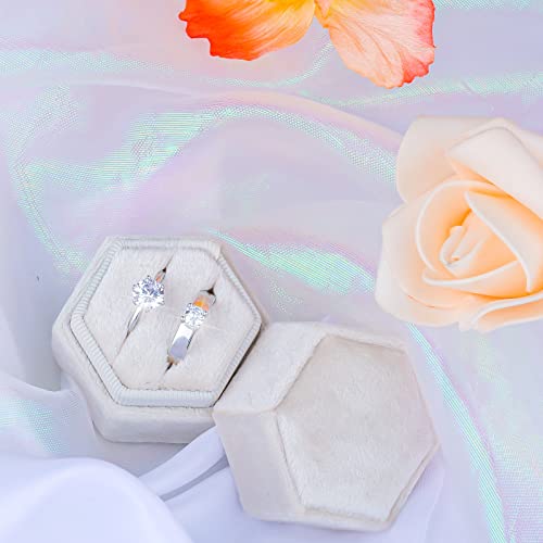 AIEX Velvet Ring Box for Jewelry Gift, Double Slots Hexagon Ring Case Box for Proposal Engagement Wedding Ceremony Valentines Day Holding 2 Rings (Beige)