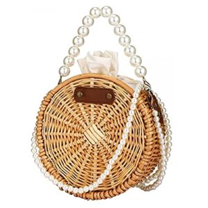 buric crossbody bags for women beach straw purse lightweight women’s crossbody handbags fashion pearl shoulder bag retro straw handmade bag summer basket purse (round)