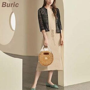 Buric Crossbody Bags for Women Beach Straw Purse Lightweight Women's Crossbody Handbags Fashion Pearl Shoulder Bag Retro Straw Handmade Bag Summer Basket Purse (Round)