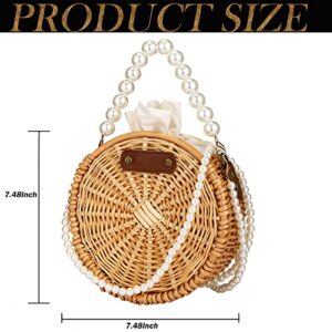 Buric Crossbody Bags for Women Beach Straw Purse Lightweight Women's Crossbody Handbags Fashion Pearl Shoulder Bag Retro Straw Handmade Bag Summer Basket Purse (Round)