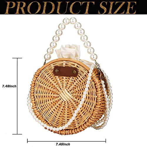 Buric Crossbody Bags for Women Beach Straw Purse Lightweight Women's Crossbody Handbags Fashion Pearl Shoulder Bag Retro Straw Handmade Bag Summer Basket Purse (Round)