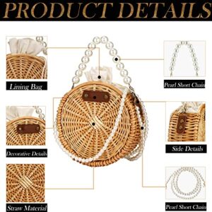 Buric Crossbody Bags for Women Beach Straw Purse Lightweight Women's Crossbody Handbags Fashion Pearl Shoulder Bag Retro Straw Handmade Bag Summer Basket Purse (Round)