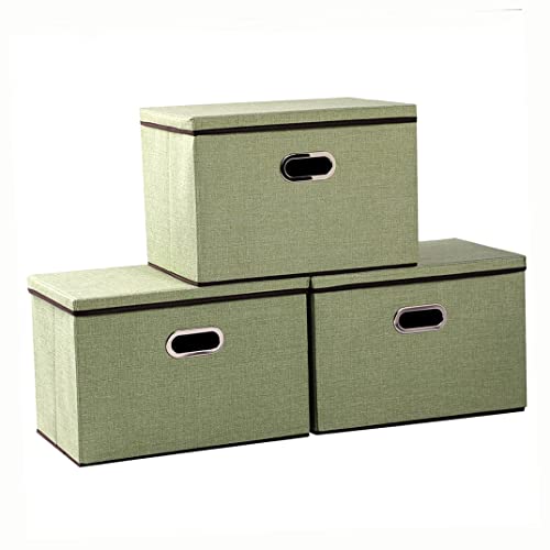 YJMZ Green Storage Bins With Lids 3 Pack,[17.3x11.8x11.8''],Linen Fabric Collapsible Storage Bins Large,Storage Containers For Organizing.Storage Box Suitable For Living Room, Bedroom, Garage, Closet，Shelf