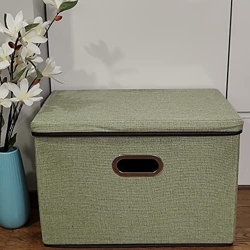 YJMZ Green Storage Bins With Lids 3 Pack,[17.3x11.8x11.8''],Linen Fabric Collapsible Storage Bins Large,Storage Containers For Organizing.Storage Box Suitable For Living Room, Bedroom, Garage, Closet，Shelf