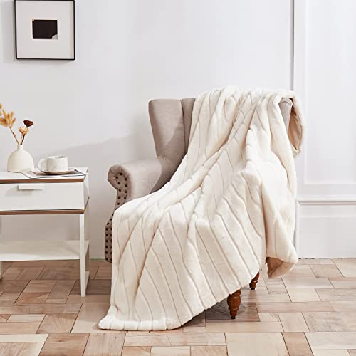 Luxury Decorative Striped Faux Fur Throw Blanket 50"x 60" for Couch Sofa Bed, Lightweight, Soft & Cozy