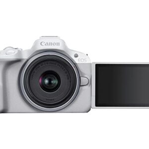 Canon EOS R50 Mirrorless Vlogging Camera (White) w/RF-S18-45mm F4.5-6.3 is STM Lens, 24.2 MP, 4K Video, Subject Detection & Tracking, Compact, Smartphone Connection, Content Creator