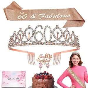 60th birthday decorations women – 60th birthday gifts for women – rose gold happy birthday decorations for girls – includes birthday crown, birthday sash, cake topper – beautiful elegant design (60th)