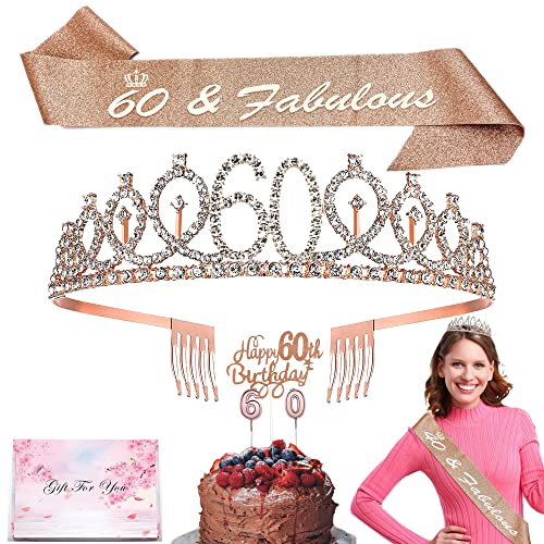 60th Birthday Decorations Women – 60th Birthday Gifts for Women – Rose Gold Happy Birthday Decorations for Girls – Includes Birthday Crown, Birthday Sash, Cake Topper – Beautiful Elegant Design (60th)