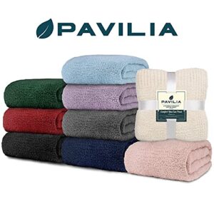 PAVILIA Plush Throw Blanket, Fluffy Textured Fleece Throw, Super Soft Cozy Microfiber Blanket for Sofa Couch Bed (Cream Beige, 60x80 inches)