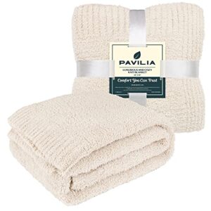 PAVILIA Plush Throw Blanket, Fluffy Textured Fleece Throw, Super Soft Cozy Microfiber Blanket for Sofa Couch Bed (Cream Beige, 60x80 inches)