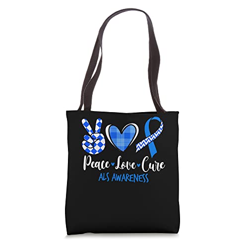 Peace Love Cure Blue & White Ribbon ALS Awareness Month Tote Bag