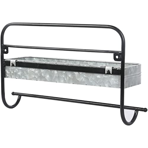 MyGift Silver Galvanized Metal Floating Shelf and Towel Bar with Black Metal Frame, Decorative Wall Display Shelf