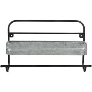 MyGift Silver Galvanized Metal Floating Shelf and Towel Bar with Black Metal Frame, Decorative Wall Display Shelf