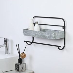 MyGift Silver Galvanized Metal Floating Shelf and Towel Bar with Black Metal Frame, Decorative Wall Display Shelf