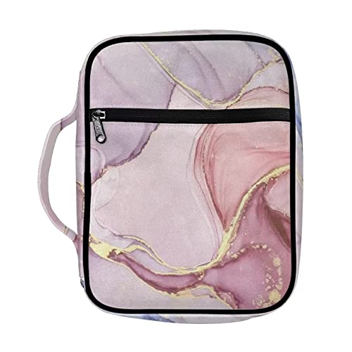 UNICEU Bible Covers for Women, Watercolor Pink Marble with Glitter Gold Line Bible Bags Book Covers Scripture Carrying Case with Handle Pockets