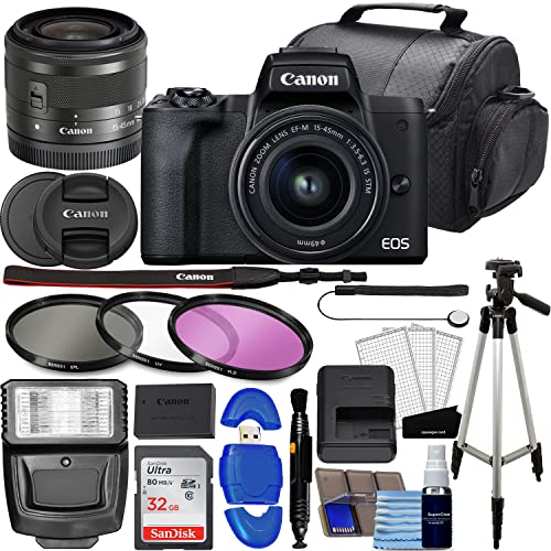 Camera EOS M50 Mark II Mirrorless Digital SLR with 15-45mm Lens Kit (Black) + 32GB Memory Card + 3 Piece Filter Kit, Tripod, Flash + Photography Bundle