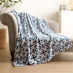 geniospin fleece throw blanket 50″ x 60″, 280gsm navy blue throws, cozy bright damask pattern lightweight durable blanket, super soft plush throw with strip for couch, bed, sofa, warm and breathable