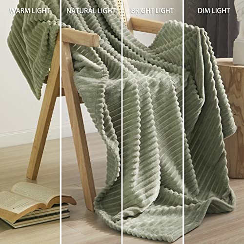 Geniospin Throw Blanket for Couch, Bed, Sofa – 280GSM Super Soft Lightweight Blanket with Strip, 3D Ribbed Jacquard Blanket, Plush Fuzzy Cozy Throws, Warm and Breathable (Sage Green, 50x60 inches)