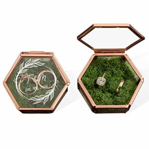 ailin personalized ring box for wedding ceremony custom name hexagon glass ring box with moss for engagement birthday anniversary