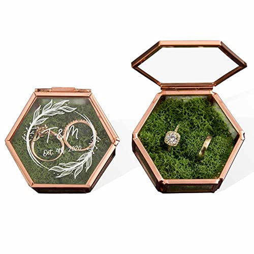 AILIN Personalized Ring Box for Wedding Ceremony Custom Name Hexagon Glass Ring Box with Moss For Engagement Birthday Anniversary