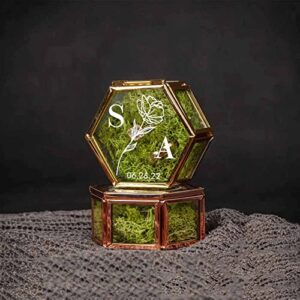 AILIN Personalized Ring Box for Wedding Ceremony Custom Name Hexagon Glass Ring Box with Moss For Engagement Birthday Anniversary