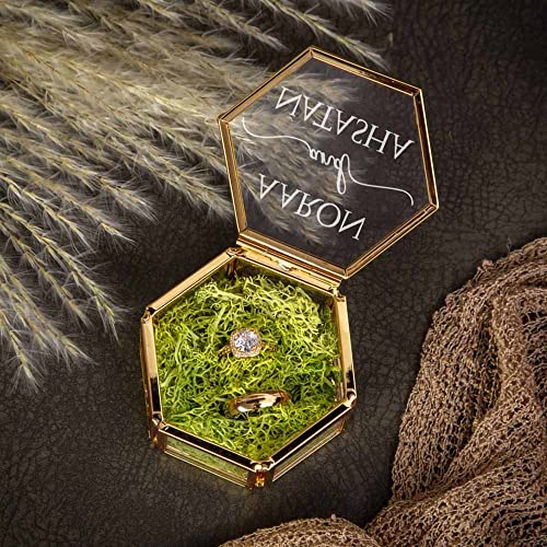 AILIN Personalized Ring Box for Wedding Ceremony Custom Name Hexagon Glass Ring Box with Moss For Engagement Birthday Anniversary