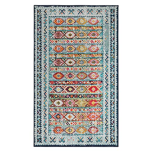 Wonnitar Bohemian Area Rug - Washable 3x5 Entry Rug Non-Slip Colorful Throw Rug,Boho Living Room Kitchen Mat Low-Pile Geometric Indoor Floor Carpet for Laundry Mudroom Dining Table