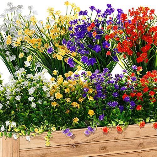 24 Bundles Artificial Flowers for Outdoors Spring Summer Plants Outside Plastic Faux Flower False Flowers for Home House Garden Hanging Planters Vase Indoor Outside Garden Porch Patio Decorations