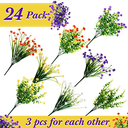 24 Bundles Artificial Flowers for Outdoors Spring Summer Plants Outside Plastic Faux Flower False Flowers for Home House Garden Hanging Planters Vase Indoor Outside Garden Porch Patio Decorations