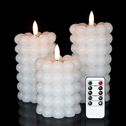 GenSwin Flameless Bubble Candles Flickering with Remote Timer,Battery Operated LED Real Wax Candles Aesthetic Home Room Decor (Set of 3,White,3”x 4.5”5.5”6.3”)