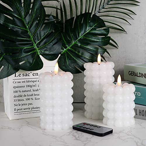 GenSwin Flameless Bubble Candles Flickering with Remote Timer,Battery Operated LED Real Wax Candles Aesthetic Home Room Decor (Set of 3,White,3”x 4.5”5.5”6.3”)