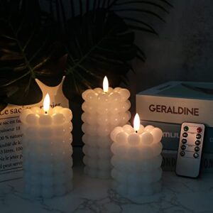 GenSwin Flameless Bubble Candles Flickering with Remote Timer,Battery Operated LED Real Wax Candles Aesthetic Home Room Decor (Set of 3,White,3”x 4.5”5.5”6.3”)