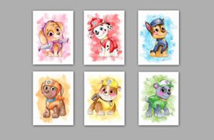 ozwood crafts- paw patrol wall decor poster prints, set of 6 frameless (8”x10”), paw patrol room decor for boys, paw set of 6 (8inchx10inch)