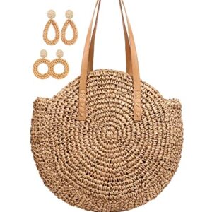 COOKOOKY Straw Beach Bag Summer Handmade Woven Shoulder Tote Bags Purse for Women (Round Khaki Bag and Rattan Earrings)