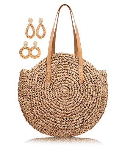 COOKOOKY Straw Beach Bag Summer Handmade Woven Shoulder Tote Bags Purse for Women (Round Khaki Bag and Rattan Earrings)