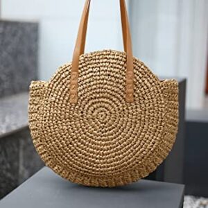 COOKOOKY Straw Beach Bag Summer Handmade Woven Shoulder Tote Bags Purse for Women (Round Khaki Bag and Rattan Earrings)