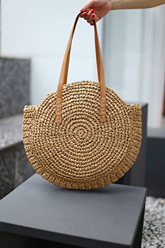 COOKOOKY Straw Beach Bag Summer Handmade Woven Shoulder Tote Bags Purse for Women (Round Khaki Bag and Rattan Earrings)