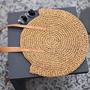 COOKOOKY Straw Beach Bag Summer Handmade Woven Shoulder Tote Bags Purse for Women (Round Khaki Bag and Rattan Earrings)