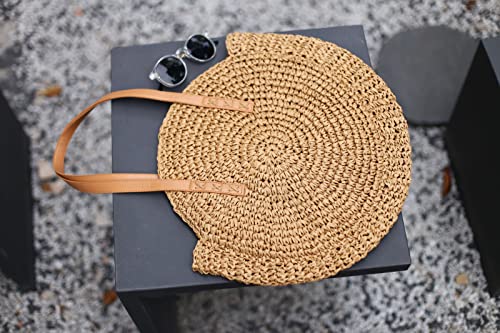 COOKOOKY Straw Beach Bag Summer Handmade Woven Shoulder Tote Bags Purse for Women (Round Khaki Bag and Rattan Earrings)