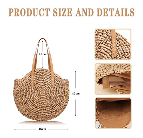 COOKOOKY Straw Beach Bag Summer Handmade Woven Shoulder Tote Bags Purse for Women (Round Khaki Bag and Rattan Earrings)